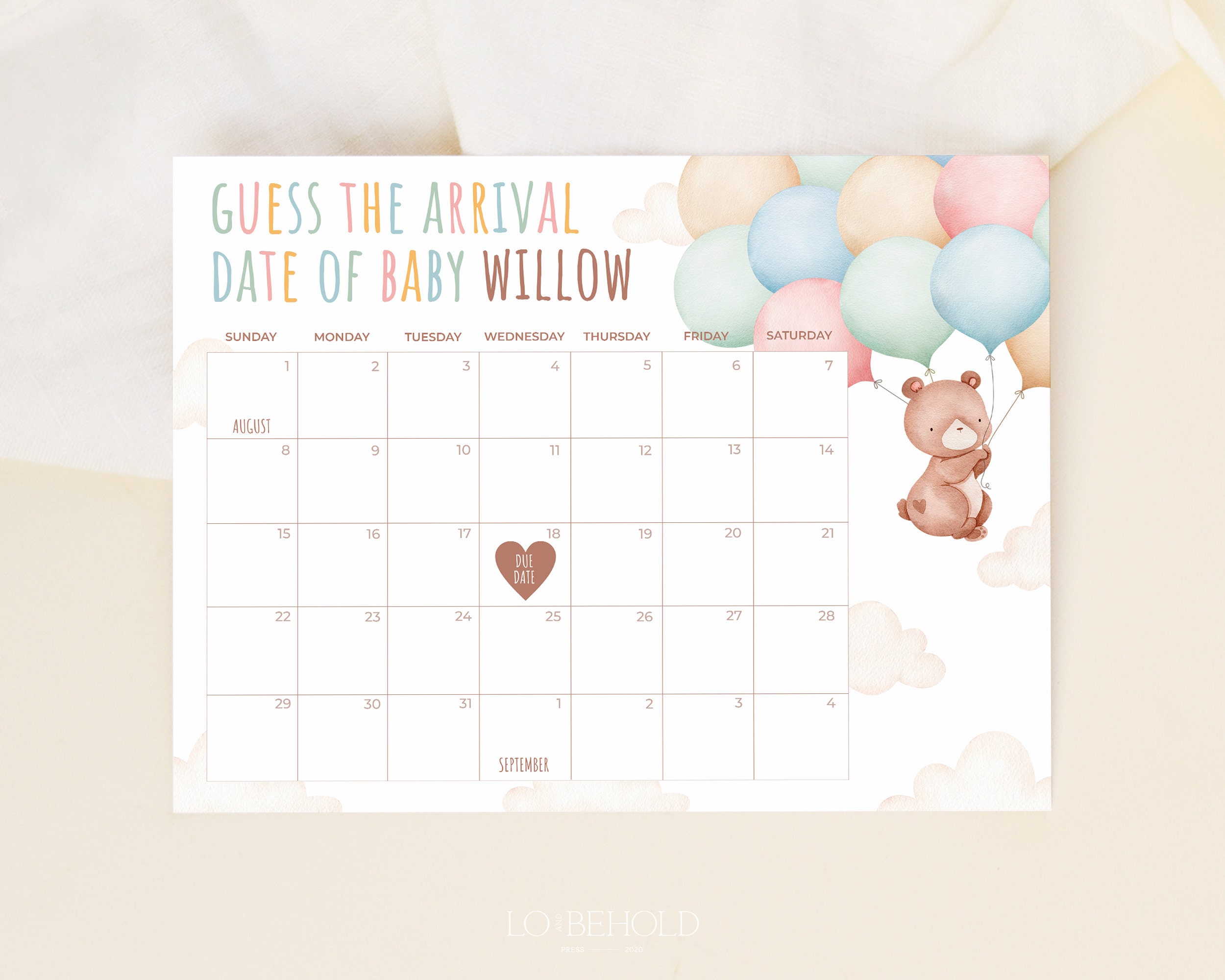 TEDDY Bear Baby Due Date Calendar Sign Baby Shower Template - Etsy