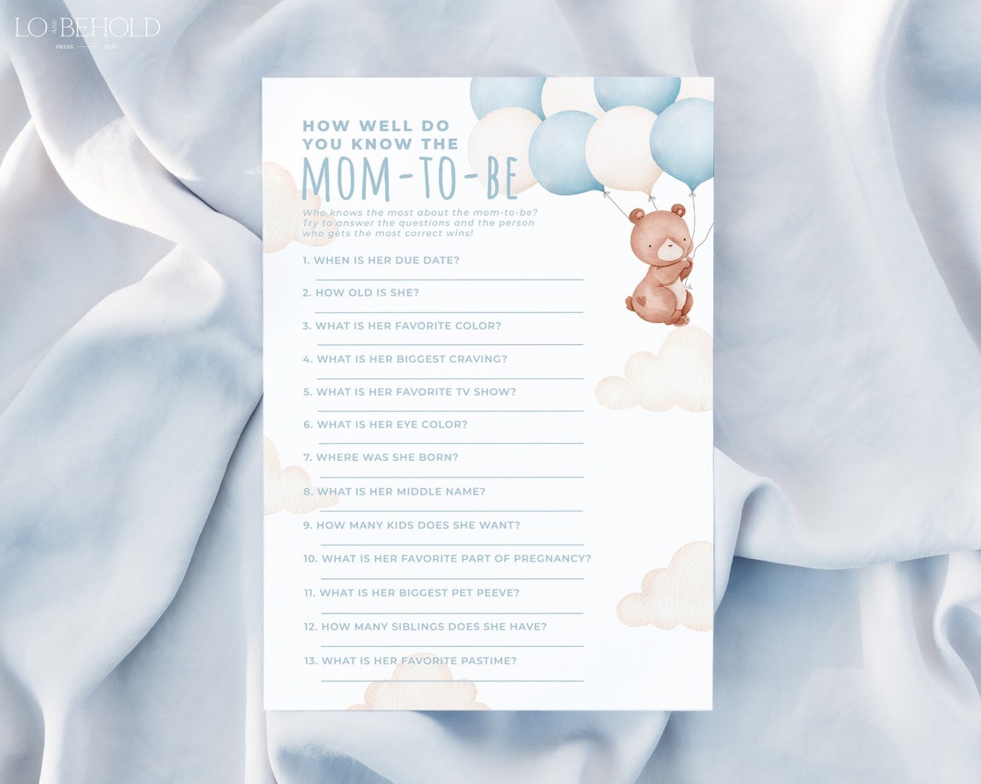 TEDDY | Who Knows Mommy Best Baby Shower Game Template Blue Bear How ...