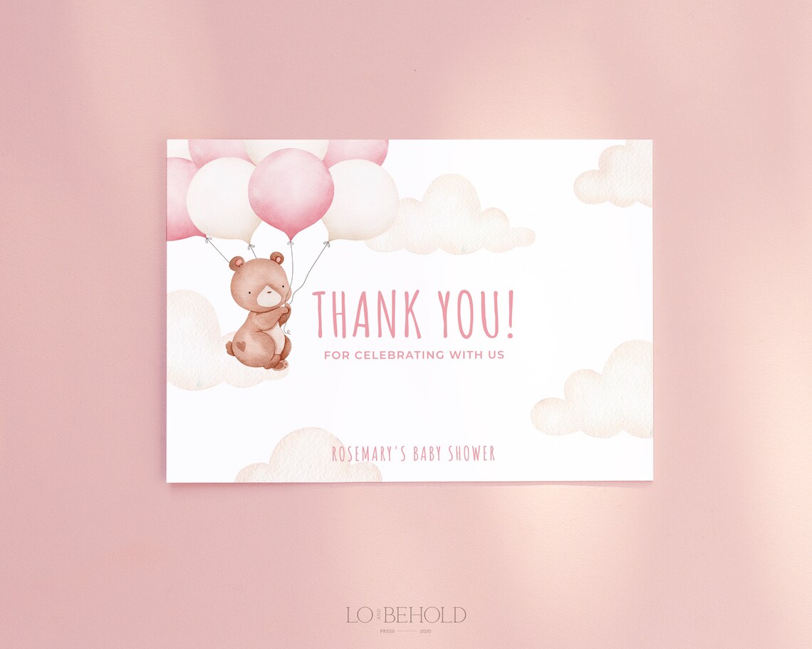 TEDDY Pink Bear Thank You Card Template Baby Shower Bear | Etsy
