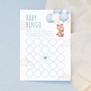 TEDDY | Blue Bear Baby Bingo Game Template Download Bear With Balloon ...