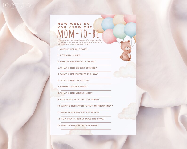 TEDDY | Who Knows Mommy Best Baby Shower Game Editable Template Teddy ...