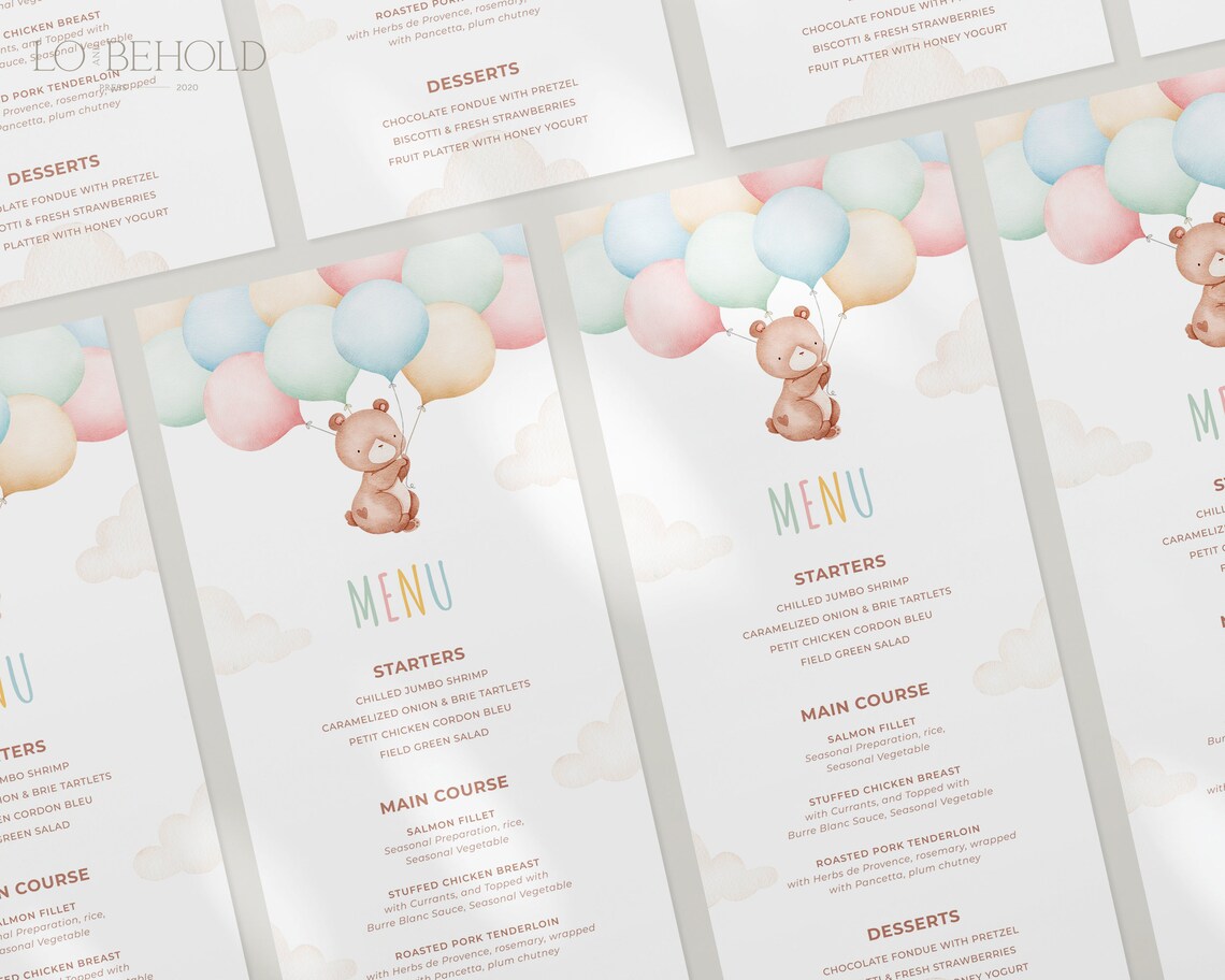 TEDDY Bear Menu Template Download Bear With Balloon Baby | Etsy
