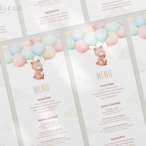 TEDDY | Bear Menu Template Download Bear With Balloon Baby Shower Menu ...