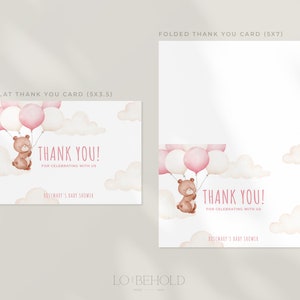 TEDDY | Pink Bear Thank You Card Template Baby Shower Bear With Balloon ...