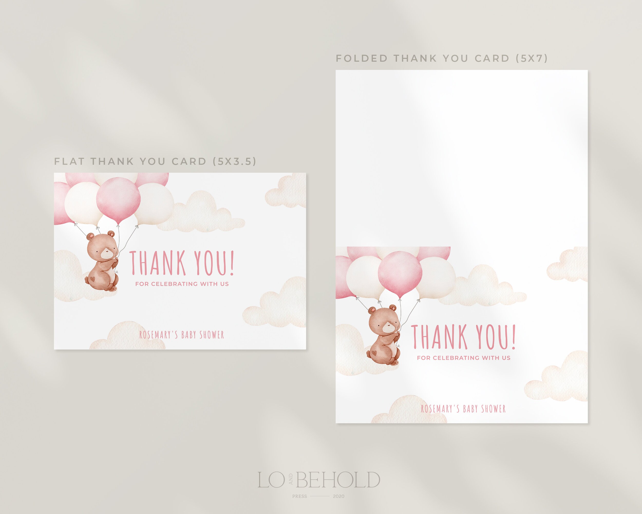 TEDDY Pink Bear Thank You Card Template Baby Shower Bear | Etsy