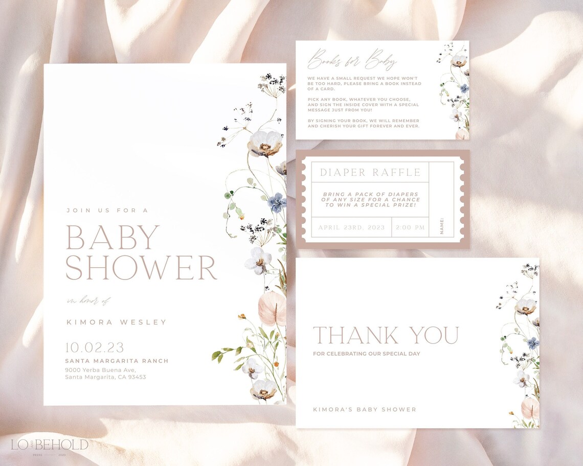 ENCHANTED | Baby Shower Invitation Template Set Minimalist Pink Floral ...