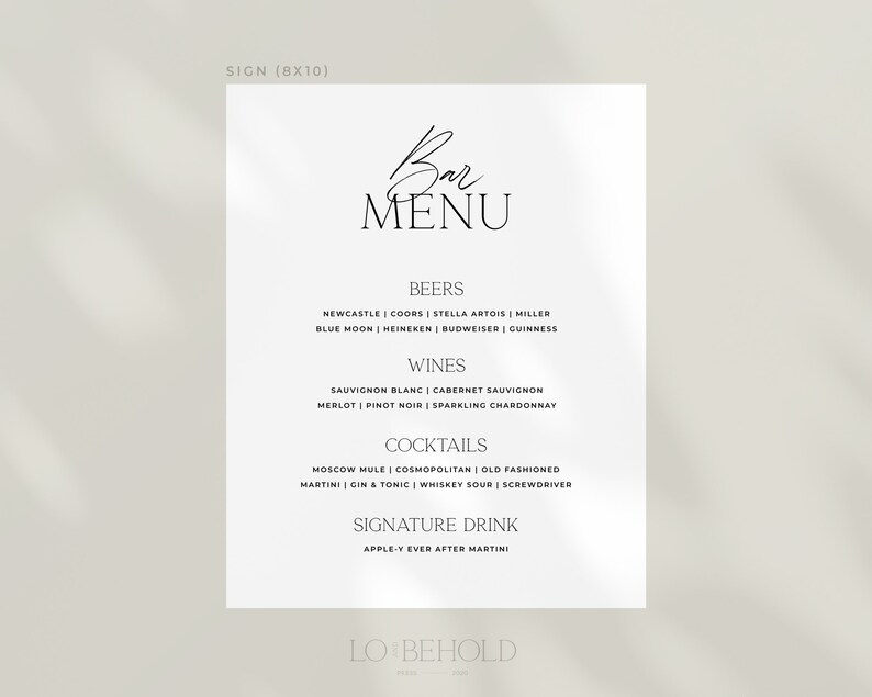 ALTAR Minimalist Wedding Bar Menu Sign Template DIY Download | Etsy