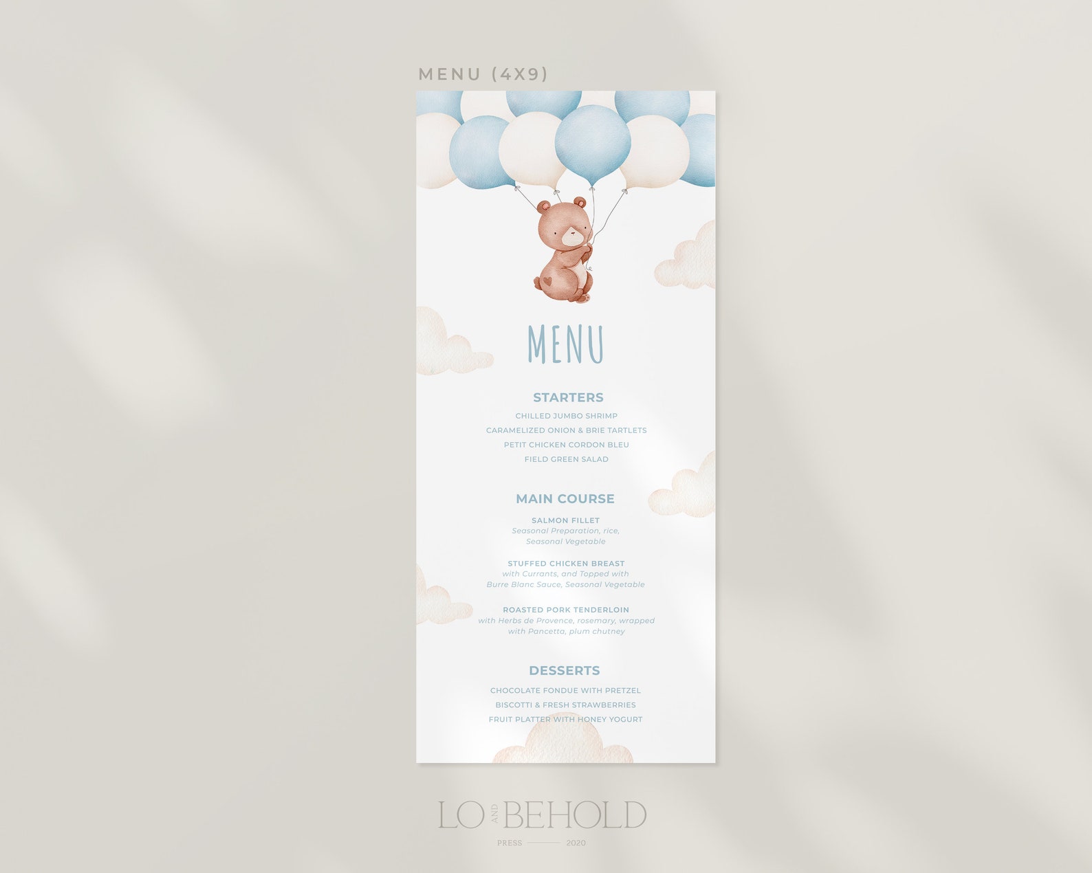 TEDDY Bear Menu Template Download Blue Bear With Balloon | Etsy
