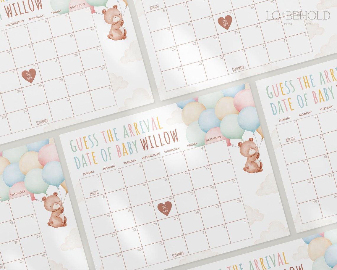 TEDDY Bear Baby Due Date Calendar Sign Baby Shower Template - Etsy