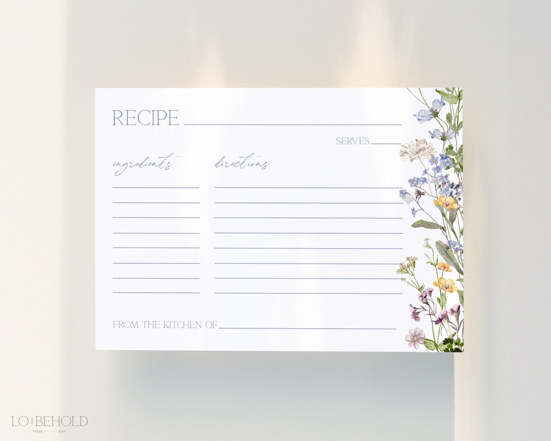 Wildflower Recipe Card Bridal Shower Template, Blue Floral Recipe ...
