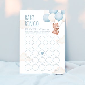 TEDDY | Blue Bear Baby Bingo Game Template Download Bear With Balloon ...