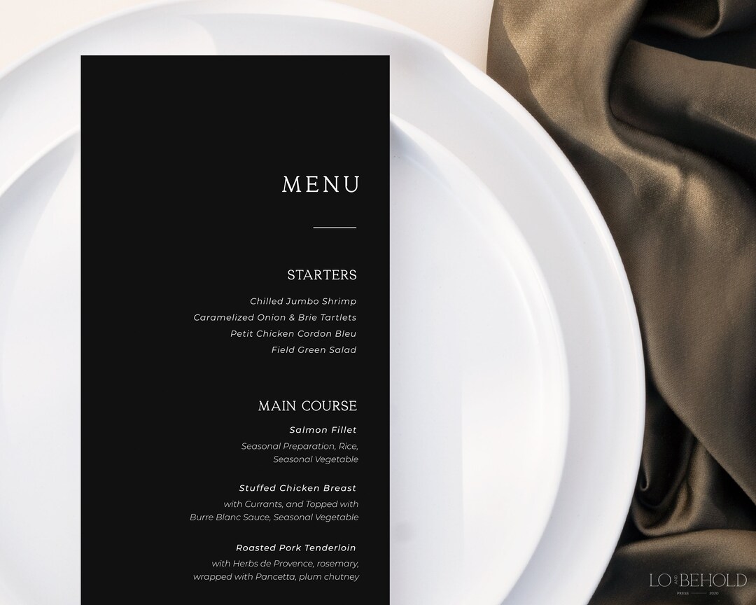 MIDNIGHT | Minimalist Wedding Menu Template DIY Instant Download Simple ...
