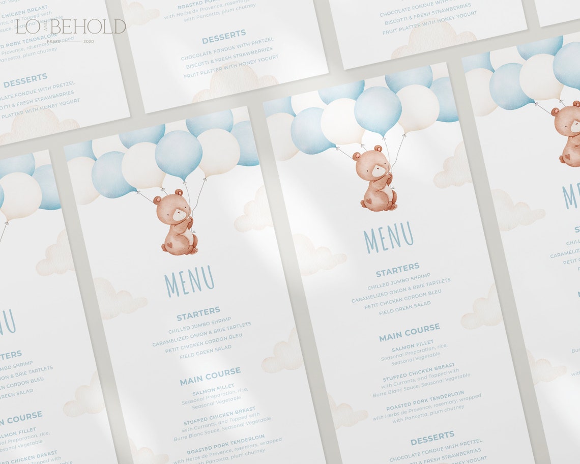 TEDDY Bear Menu Template Download Blue Bear With Balloon | Etsy