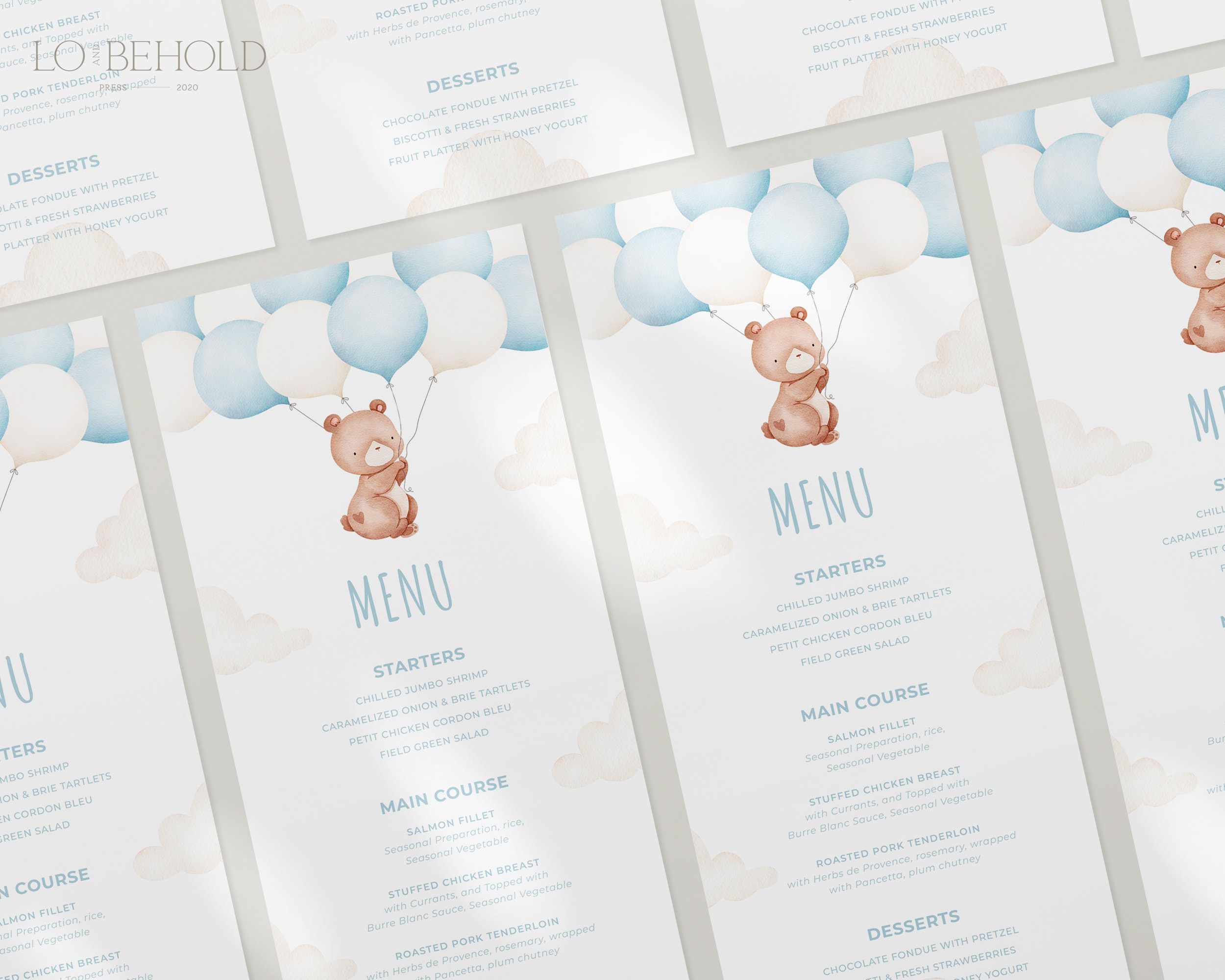 TEDDY | Bear Menu Template Download Blue Bear With Balloon Baby Shower ...