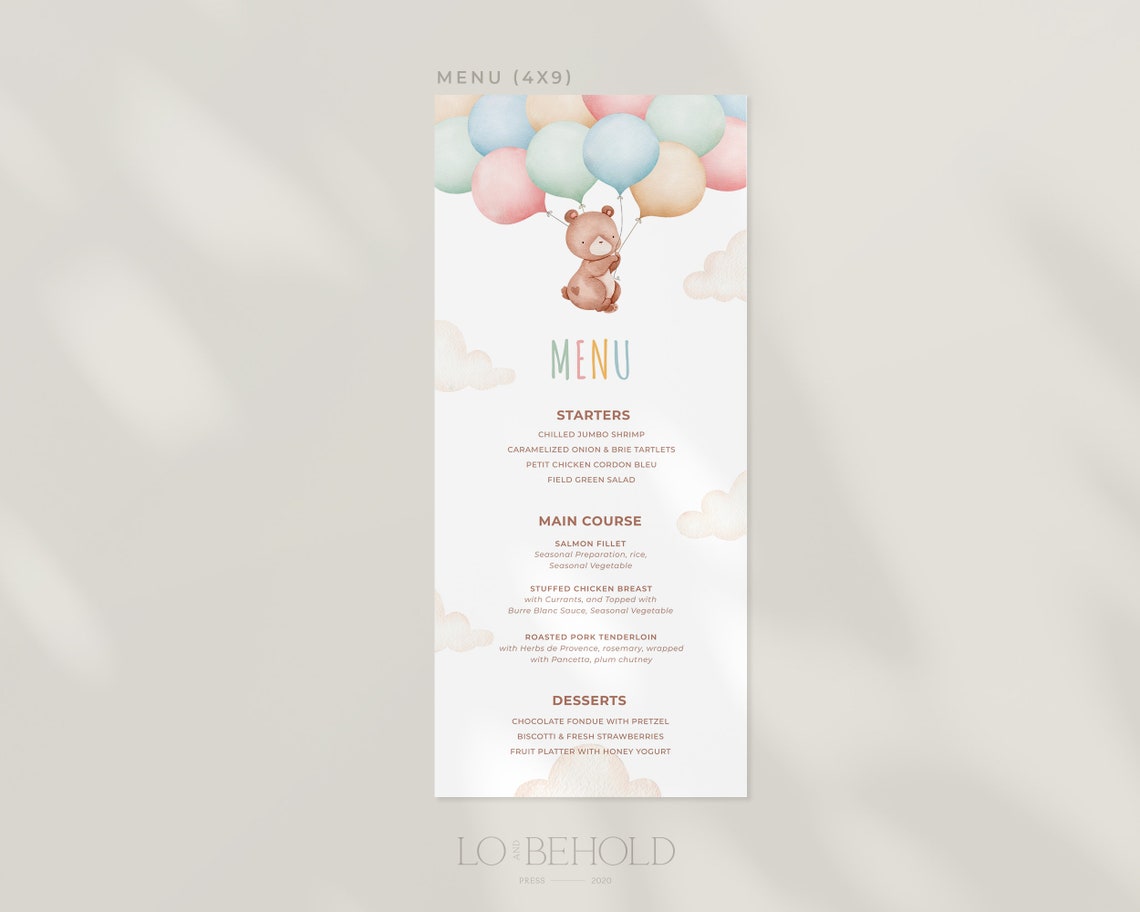 TEDDY Bear Menu Template Download Bear With Balloon Baby | Etsy