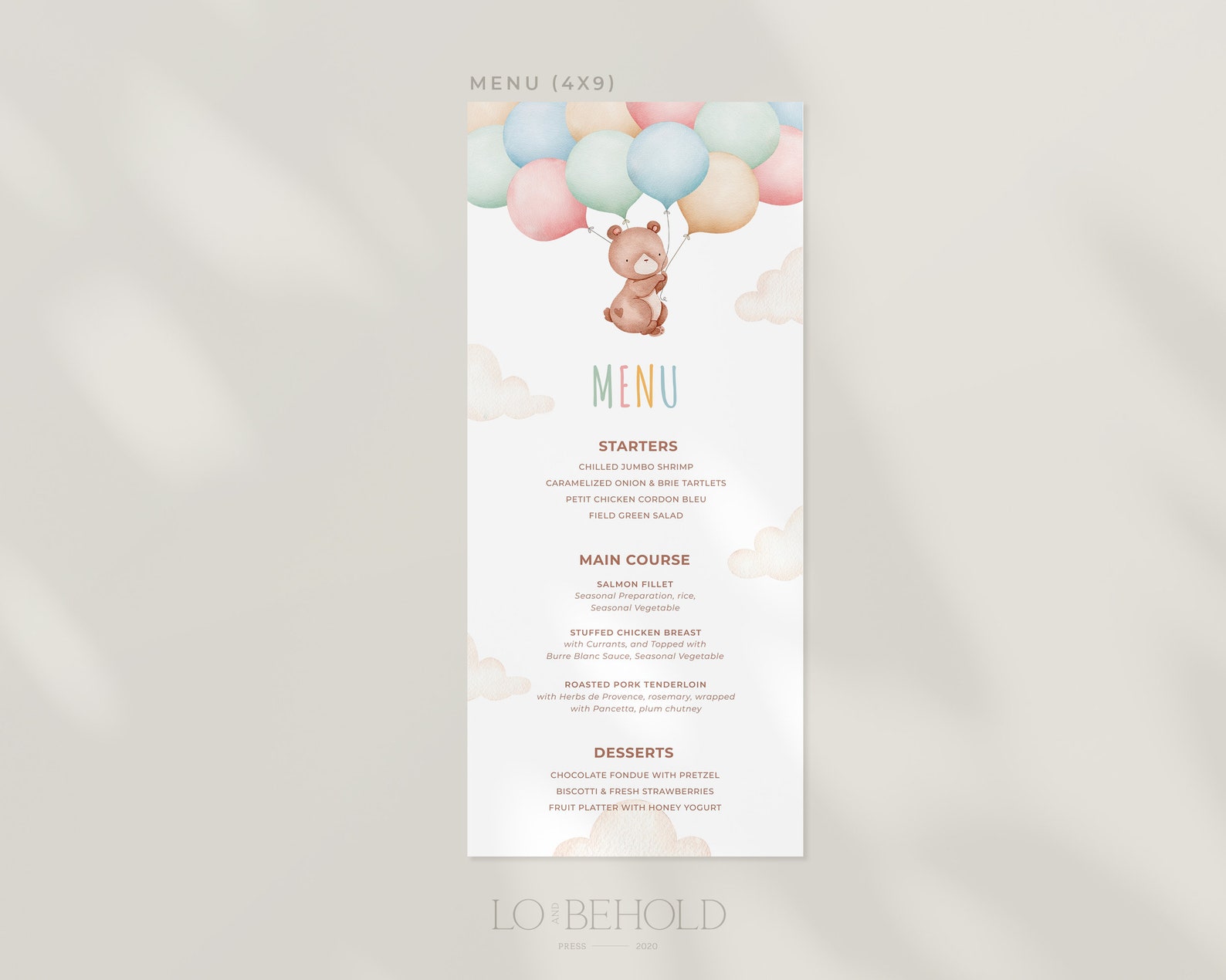TEDDY Bear Menu Template Download Bear With Balloon Baby - Etsy