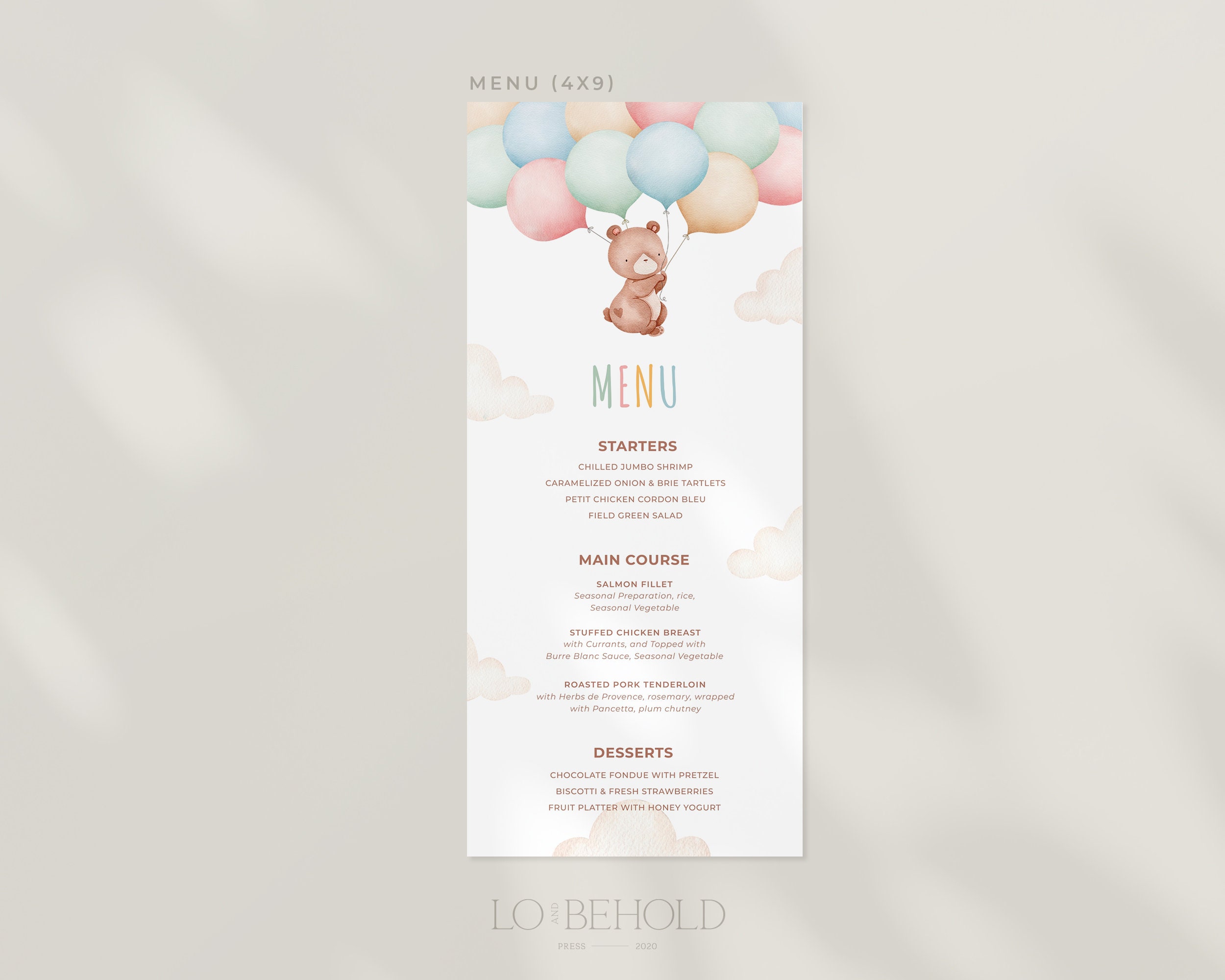 TEDDY | Bear Menu Template Download Bear With Balloon Baby Shower Menu ...