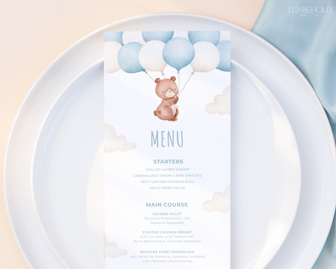 TEDDY Bear Menu Template Download Blue Bear With Balloon | Etsy
