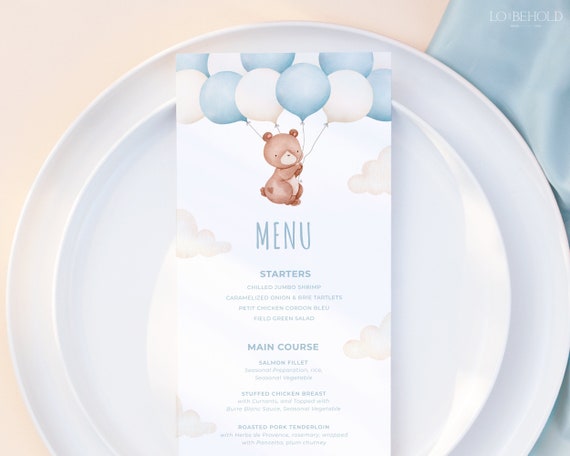 TEDDY Bear Menu Template Download Blue Bear With Balloon | Etsy