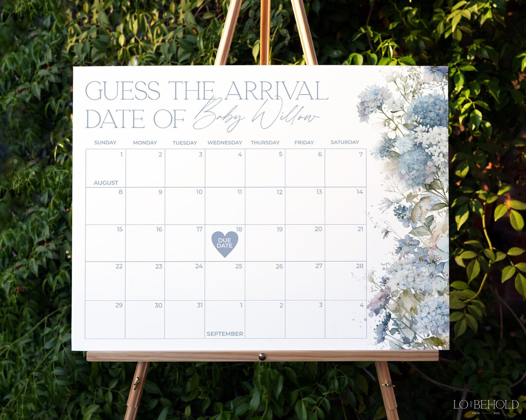 Blue Floral Baby Due Date Calendar Template, Hydrangea Baby Shower ...