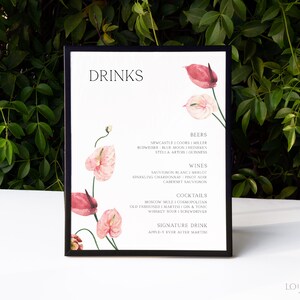 Pink Floral Wedding Bar Menu Sign Template, Spring Floral Drinks and ...