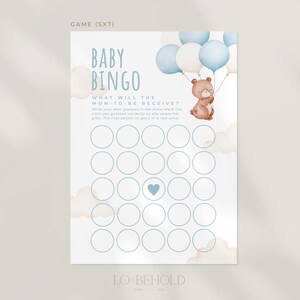 TEDDY | Blue Bear Baby Bingo Game Template Download Bear With Balloon ...