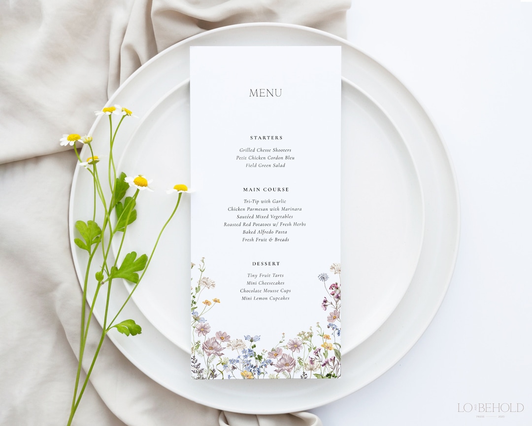 Wildflower Wedding Menu Template, Minimalist Floral Menu Card Editable ...