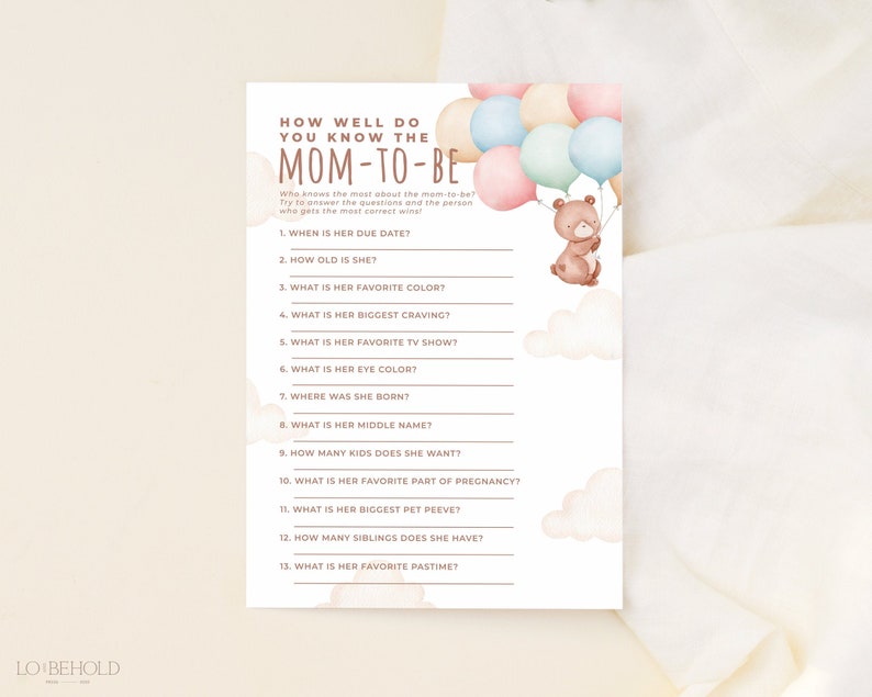 TEDDY | Who Knows Mommy Best Baby Shower Game Editable Template Teddy ...