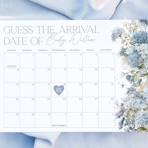 Blue Floral Baby Due Date Calendar Template, Hydrangea Baby Shower ...