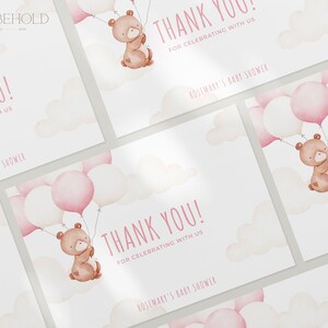 TEDDY | Pink Bear Thank You Card Template Baby Shower Bear With Balloon ...