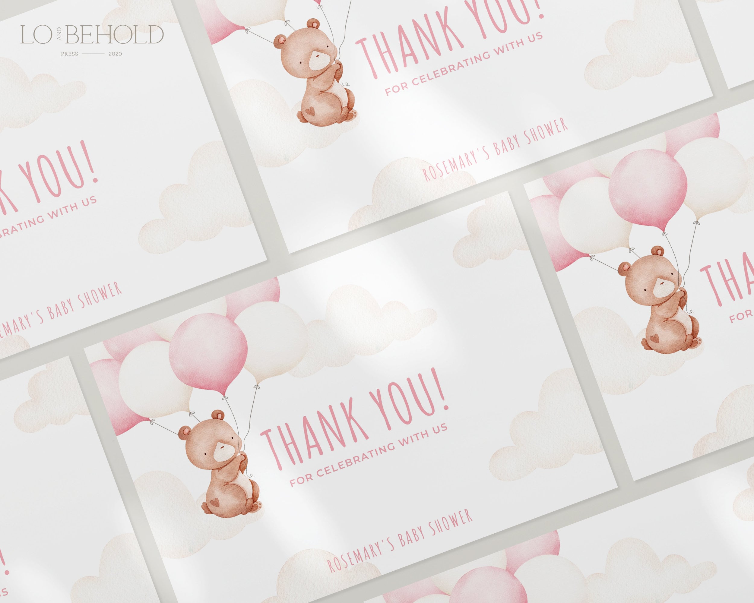 TEDDY | Pink Bear Thank You Card Template Baby Shower Bear With Balloon ...