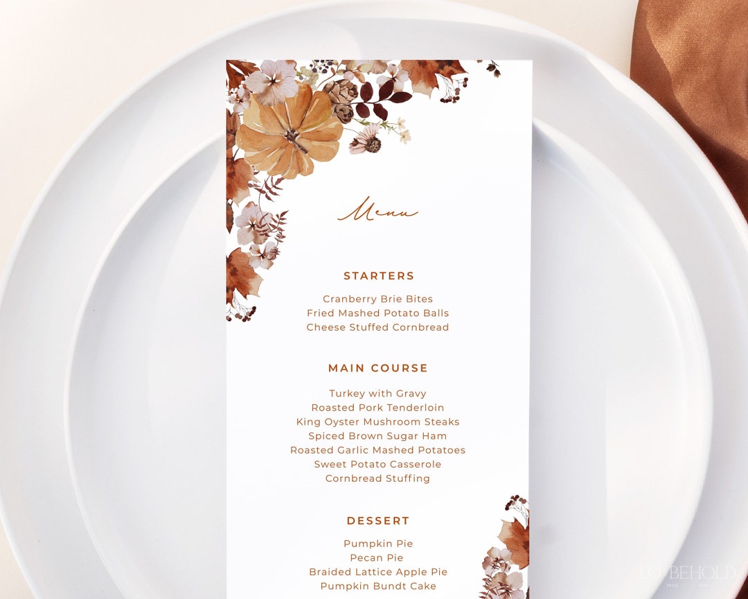 Autumn Wedding Menu Template Download, Fall Floral Thanksgiving Dinner ...
