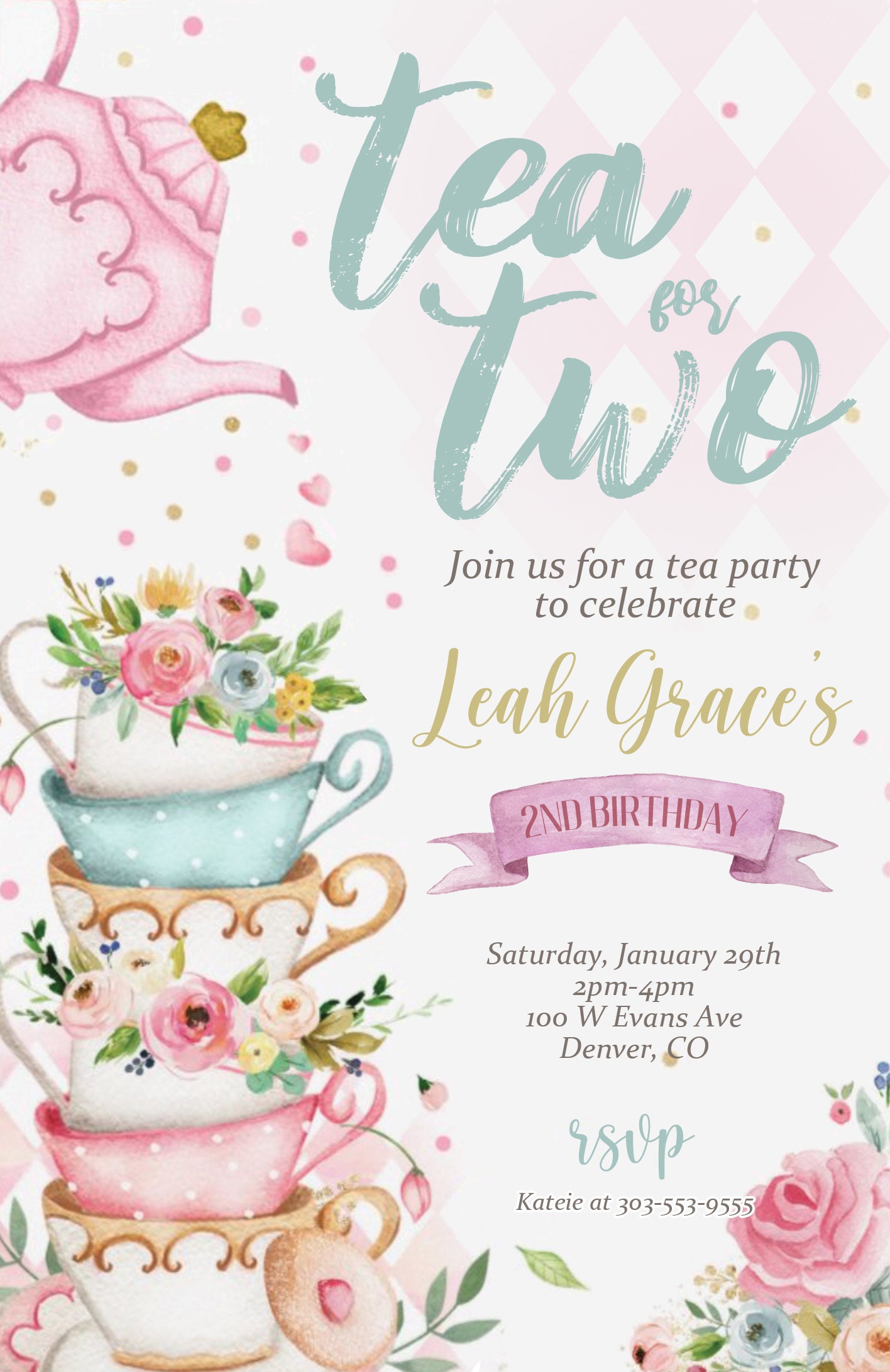 Tea for Two Birthday Invitation, Tea Party, 2nd Birthday, Turning Two ...