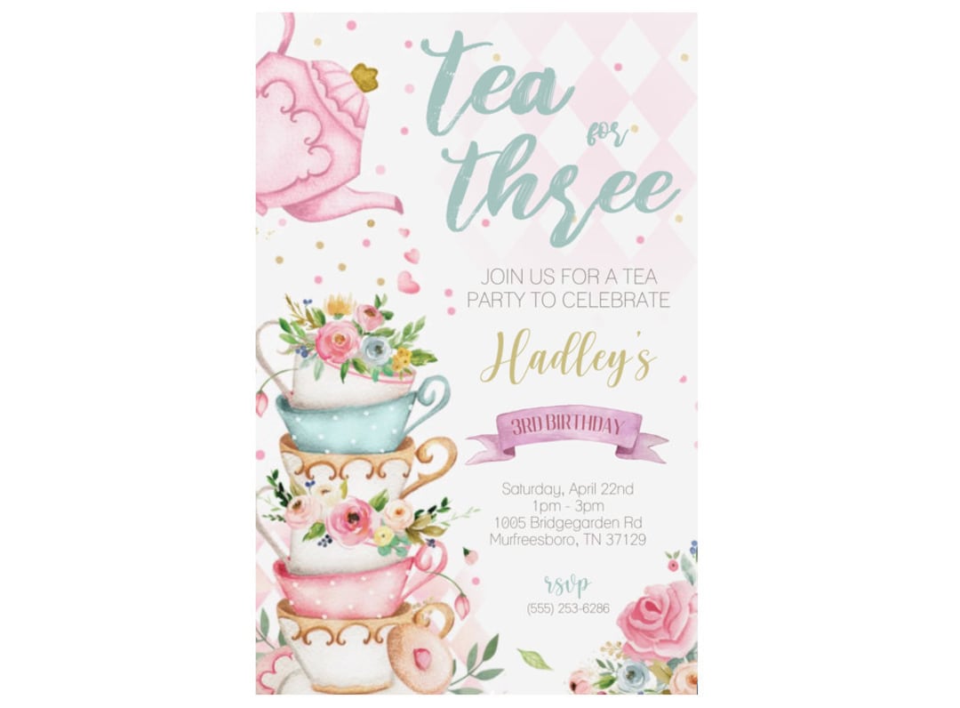 Tea for Three Birthday Invitation, Tea Party, 3rd Birthday, Turning ...