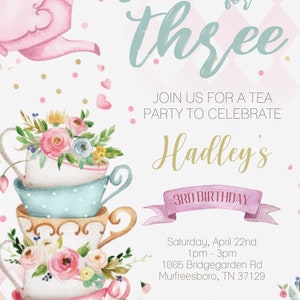 Tea for Three Birthday Invitation, Tea Party, 3rd Birthday, Turning ...