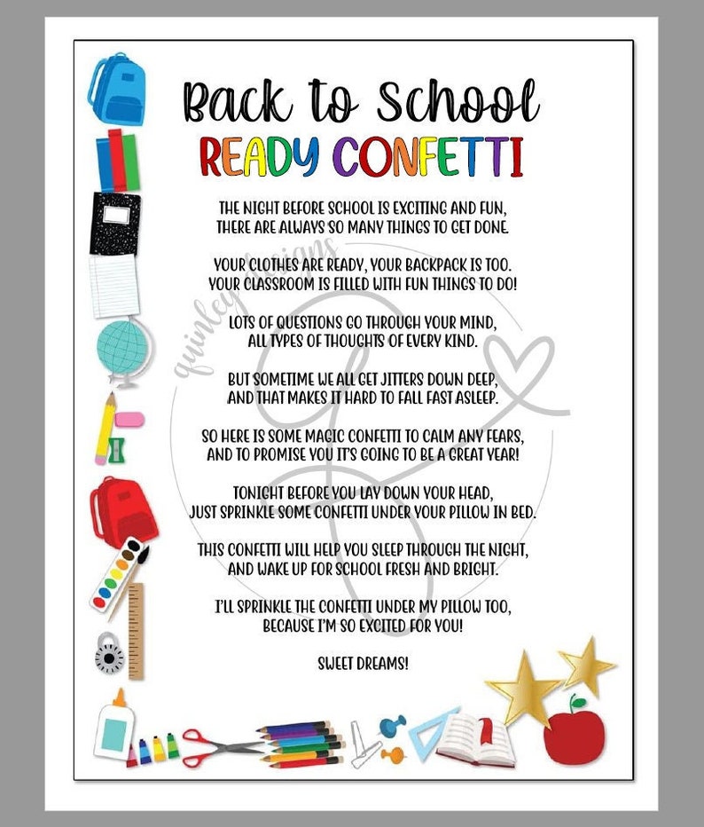 Back to School Ready Confetti Poem, Back to School, First Day of School ...