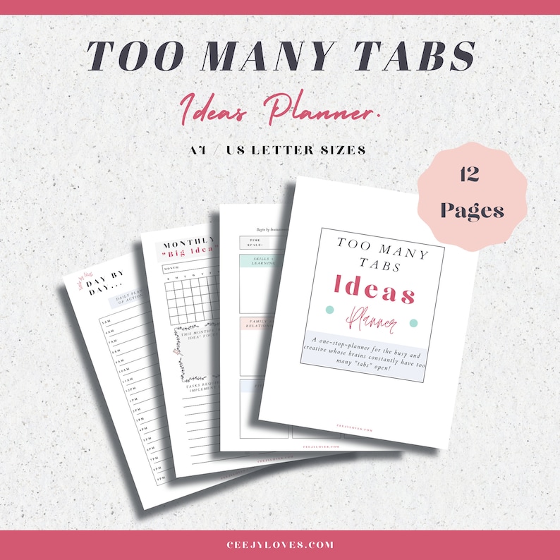 Too Many Tabs Ideas Planner Printable A4 or US Letter Digital Download ...
