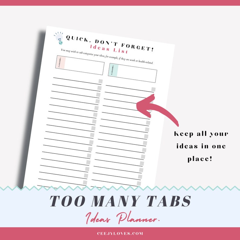 Too Many Tabs Ideas Planner Printable A4 or US Letter Digital Download ...