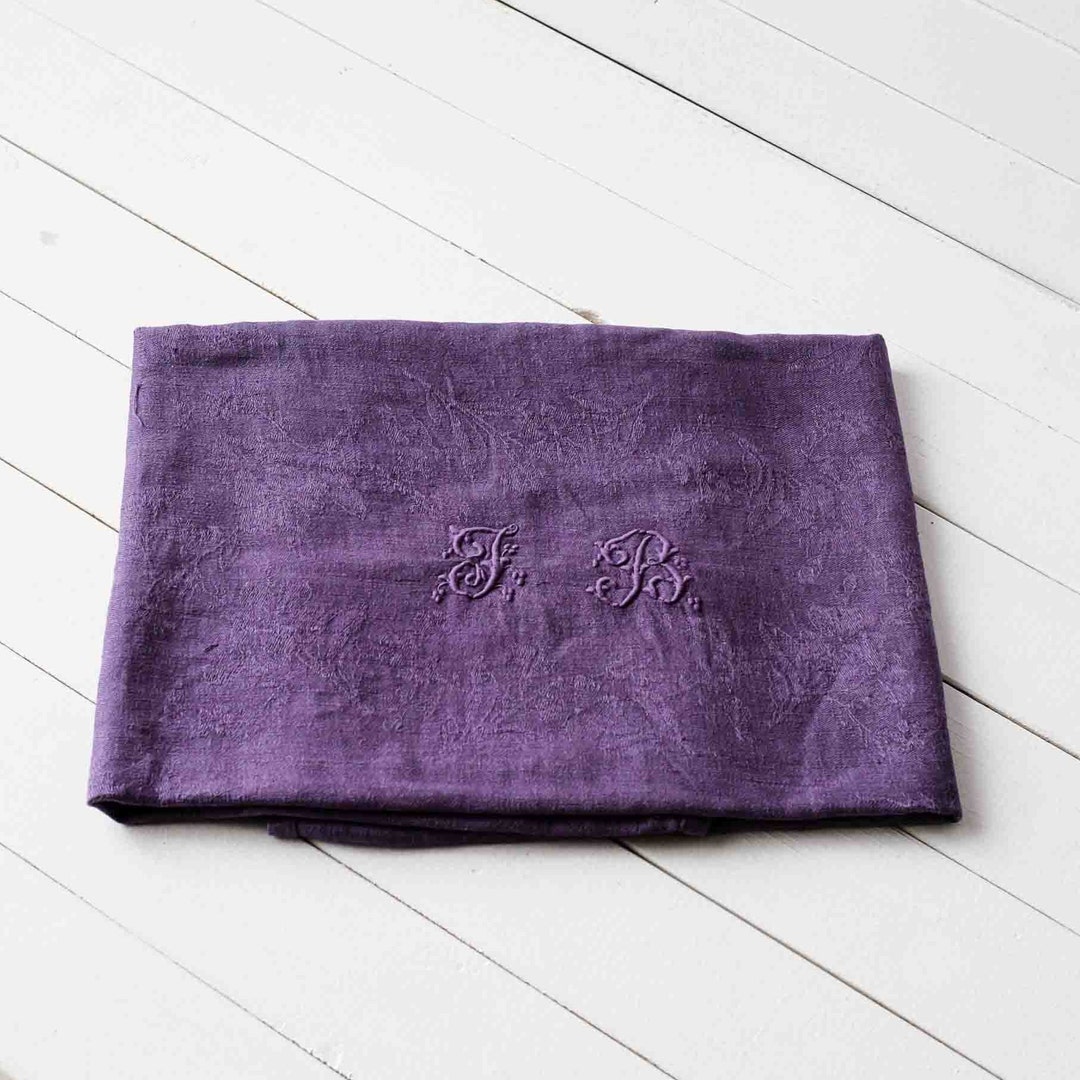 Vintage French Damask Fabric Napkin Deep Purple Embroidered Monogram FB, Unique Gift, Authentic ...