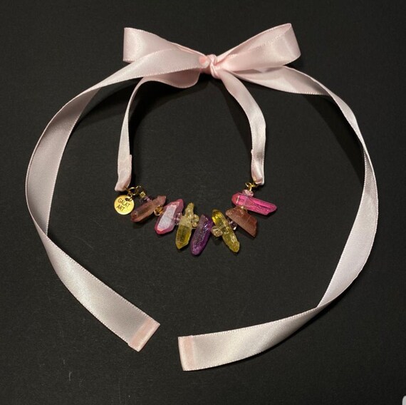 Natural raw pink quartz crystals with pink atlas ribbons and | Etsy