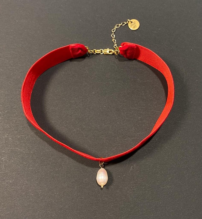 Natural Freshwater Big Drop Form White Pearl With Red Velour Ribbon and ...