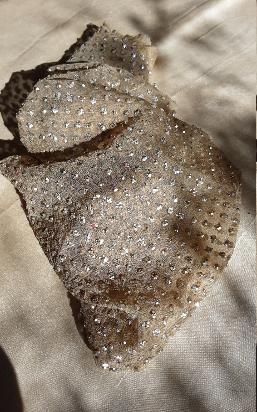 Beige Chiffon Fabric ''string'' Decorated With Dots of Tiny Silver ...