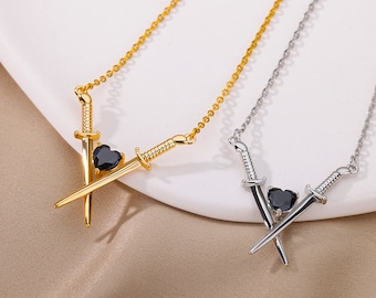 Two of Swords Necklace Crossed Swords Black Onyx Heart Protection ...