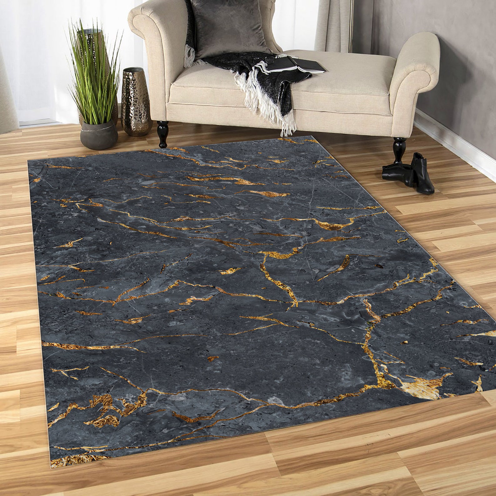 Marble Area Rug for Living Roommodern Gold Glitter Black - Etsy