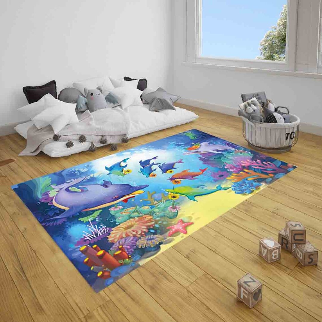 Dolphin, Blue Dolphin, Coastal Beach House Room Rug, Door Floor Mat ...