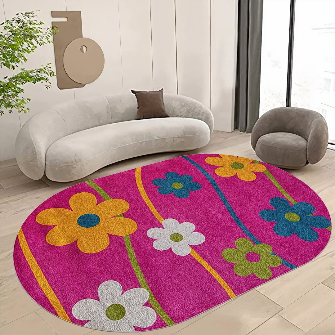 Flower, Floral Patterned Rug, Oval Design, Teens Room Rug,oval Rug,oval ...
