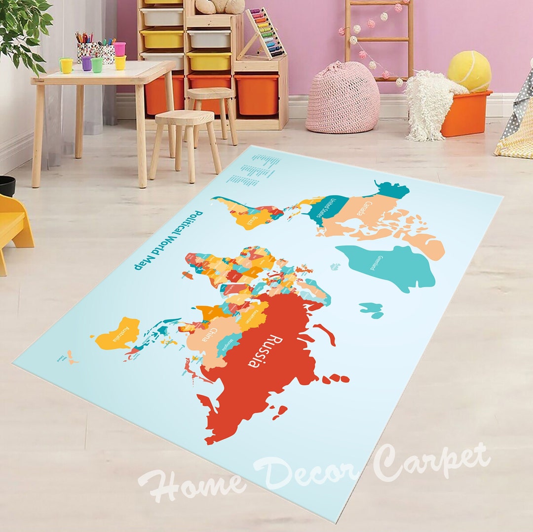 World Map Area Rugs, 3D Rug for Living Room, Education Mat, World Map ...