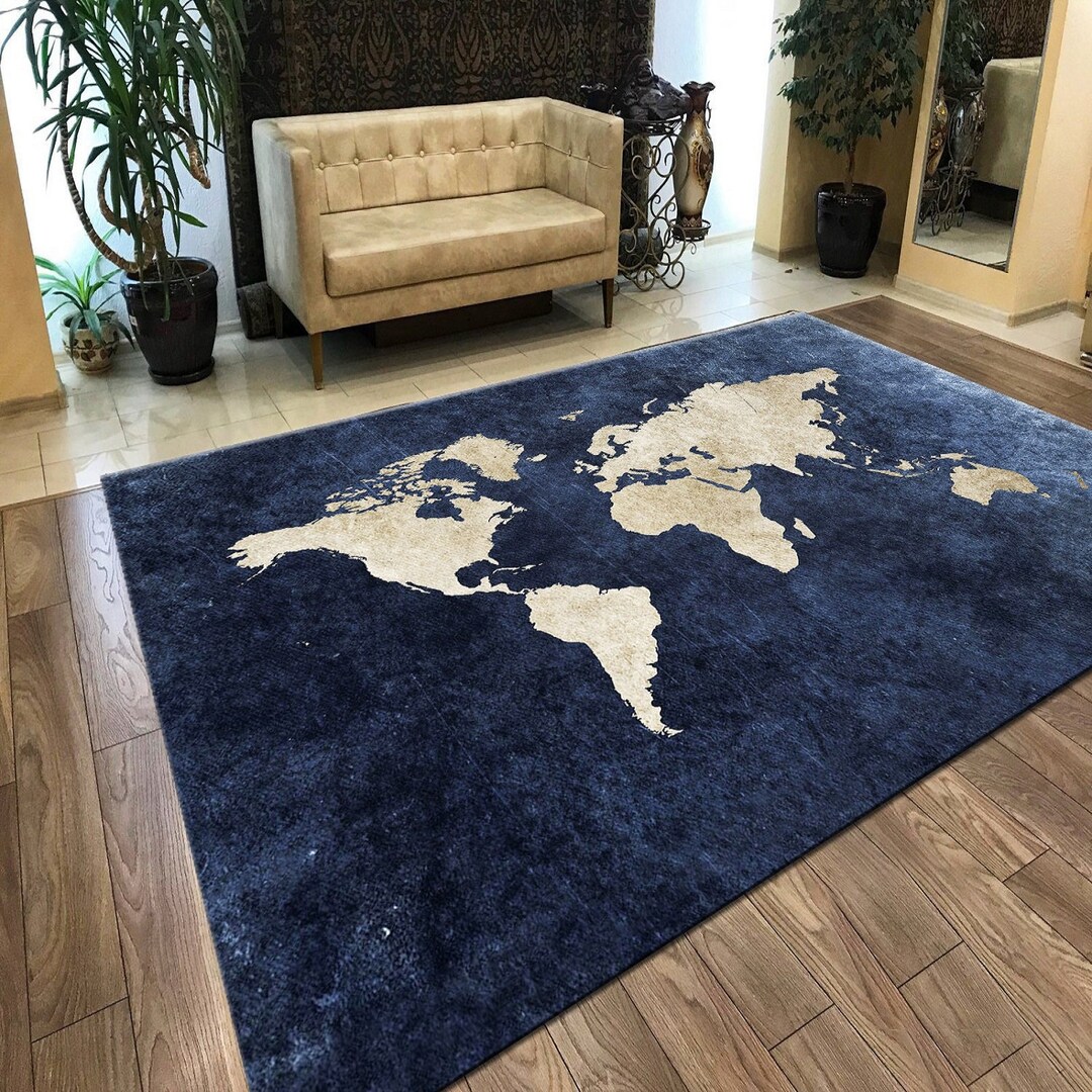 World Map Area Rug: Dark Blue Memory Foam Carpet - Etsy