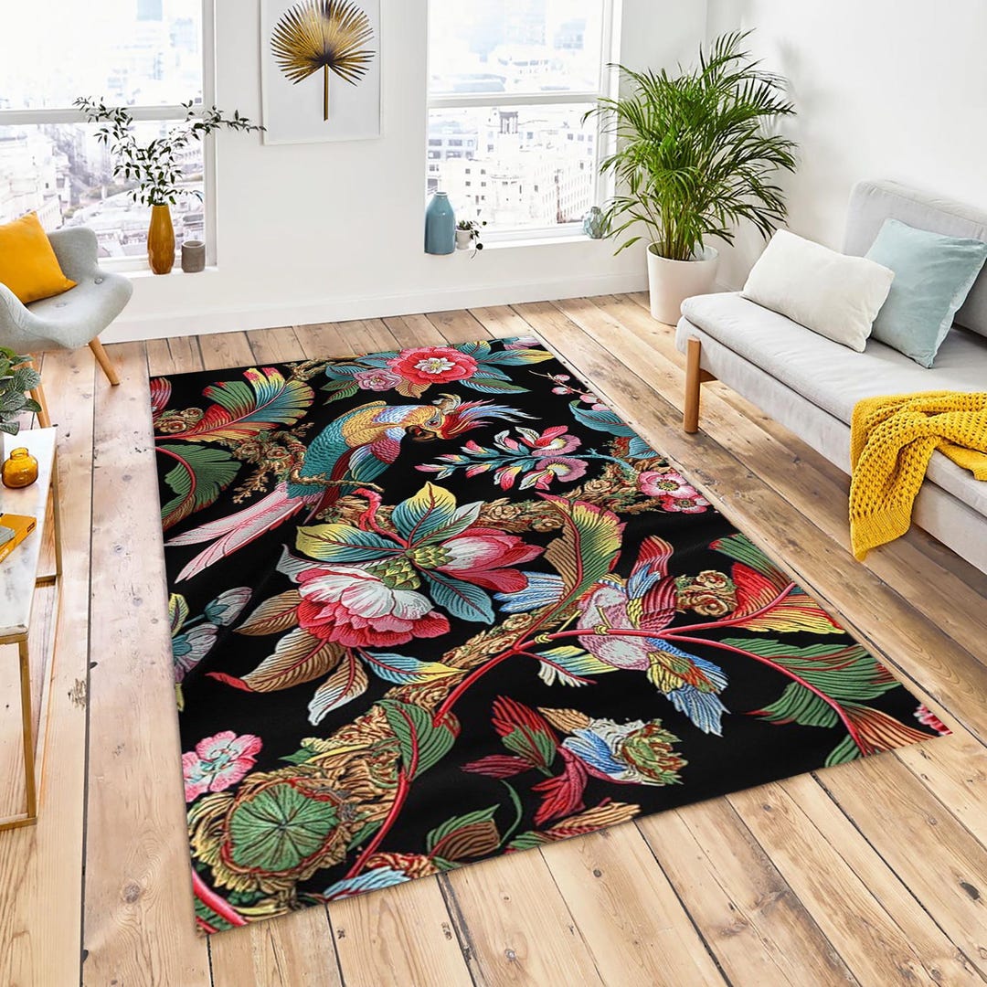 Parrot Rug, Jungle With Exotic Birds, Flower Rug Tropical Carpet ...
