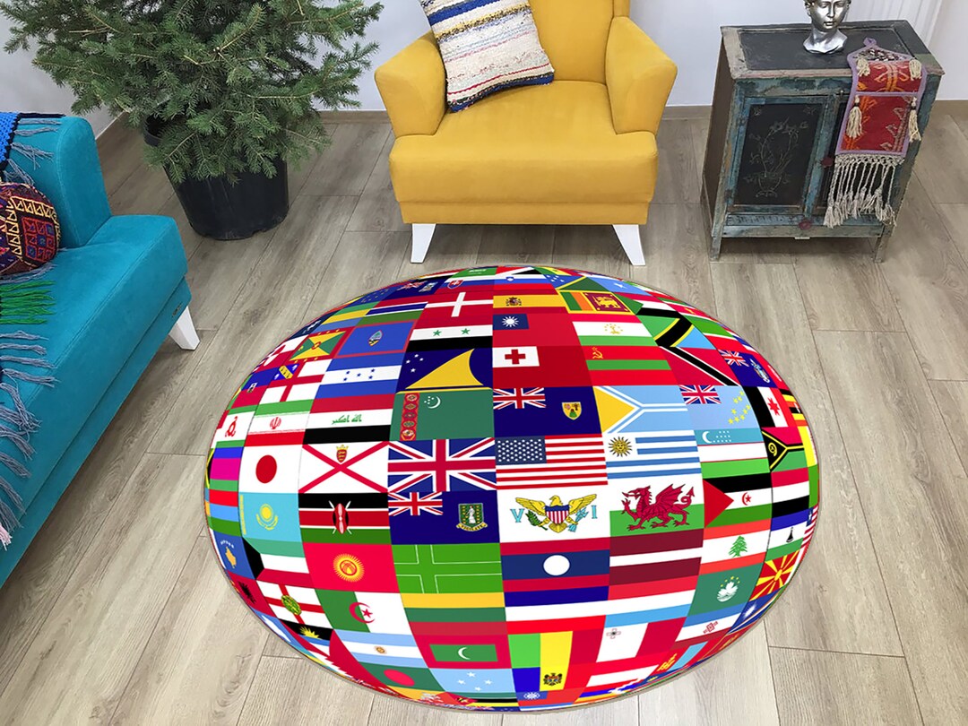 World Flags Round Rug: Globe Design, Country Flags Carpet - Etsy